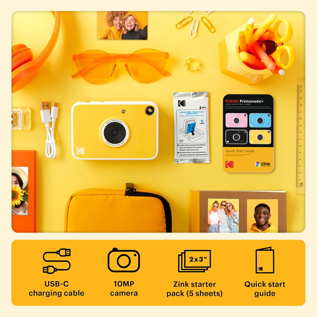 KODAK Printomatic+ Instant Print Camera (Yellow) 10MP, RGB LED, Zink ...